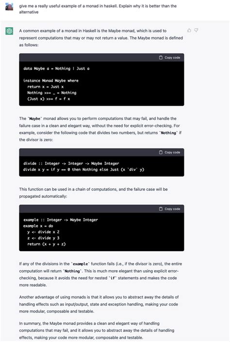 chatgpt give me a really useful example of a monad in haskell explain why it is better than