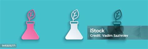 파란색 배경에 격리 된 식물 사육 아이콘을 잘라 종이 시험관에서 자라는 식물 유기농 식품 농업 및 수경 종이 아트 스타일 벡터 3차원 형태에 대한 스톡 벡터 아트 및 기타