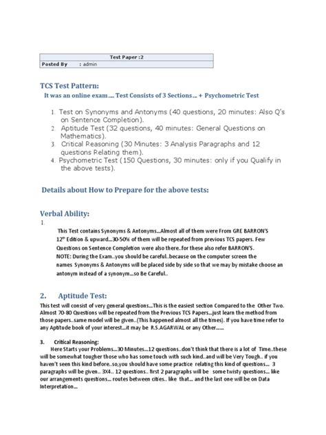 Tcs Test Pattern Pdf Test Assessment Cognition