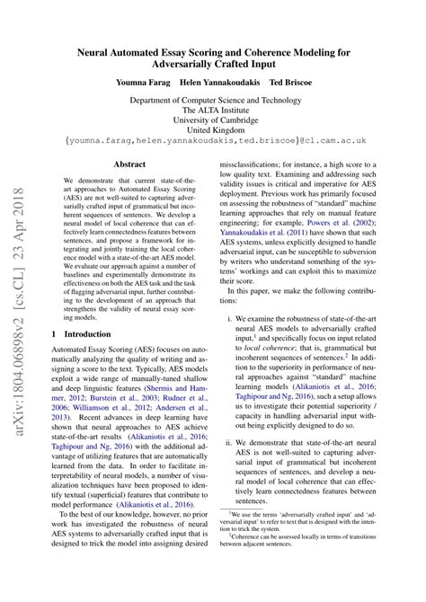 PDF Neural Automated Essay Scoring And Coherence Modeling For Adversarially Crafted Input
