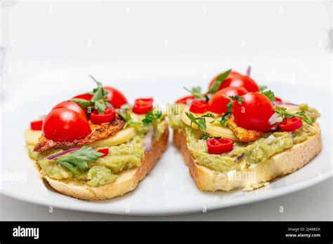 Healthy Open Vegan Sandwich With Avocado Mash Zucchini Cherry