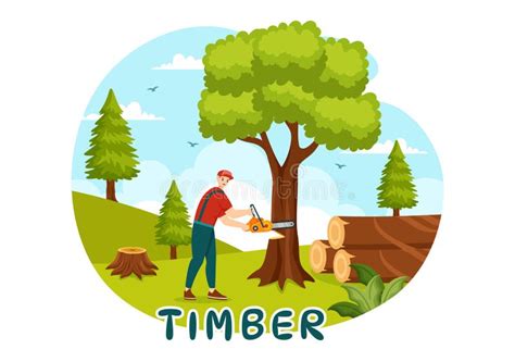 Timber Vector Illustration With Man Chopping Wood And Tree With Lumberjack Work Equipment