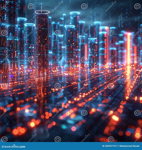 Futuristic Holographic Cityscape With Digital Matrix And Binary