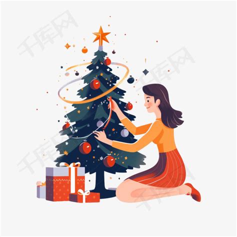 女人装饰一棵圣诞树素材图片免费下载 千库网