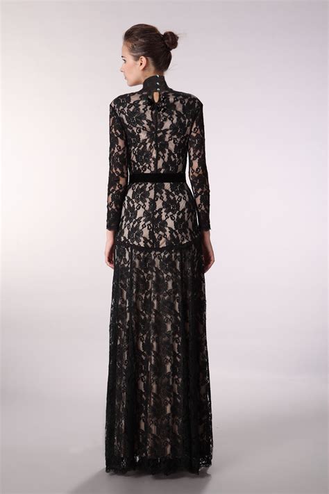 Floor Length Black Lace V Neck Long Sleeve Evening Prom Dress