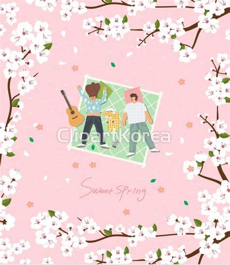 계절 기타 꽃 나뭇가지 남자 눕기 데이트 돗자리 두명 따뜻함 벚꽃 봄 봄나들이 사람 설렘 여유 여자 일러스트 잠 커플 피크닉