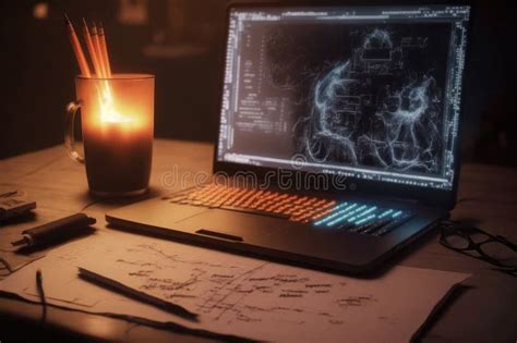 Ai Generated Hacker Laptop With Fire Binary Computer Code Internet And Network Security Stock