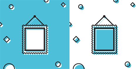 파란색과 흰색 배경에 격리 된 벽 아이콘에 매달려 검은 색 직사각형 사진 프레임입니다 임의 동적 셰이프 벡터 일러스트레이션 0명에 대한 스톡 벡터 아트 및 기타 이미지