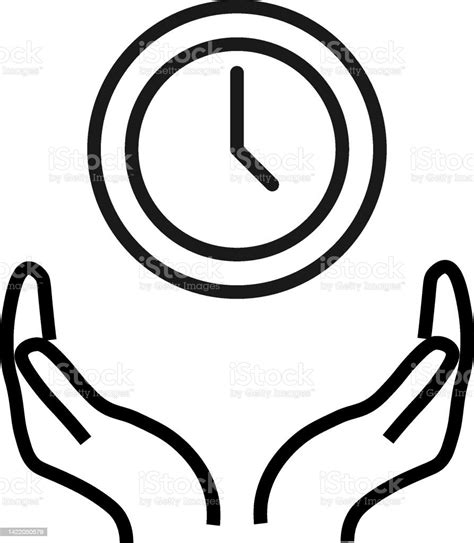 지원 현재 및 자선 개념 검은 색 얇은 선으로 그려진 현대 벡터 기호 편집 가능한 스트로크 뻗은 손 위에 시계의 벡터 선 아이콘 개념에 대한 스톡 벡터 아트 및 기타 이미지