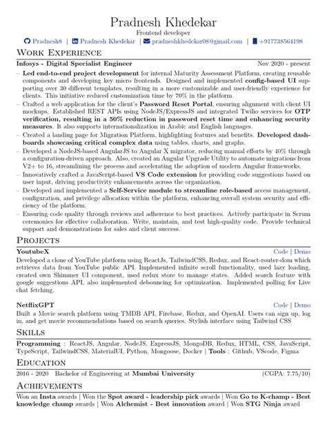 Pradnesh Khedekar Frontend Latest Pdf Angular Js Software Engineering