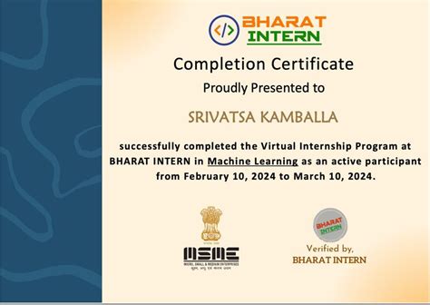 Graduated From Bharat Intern In Machine Learning Srivatsa Kamballa Posted On The Topic Linkedin