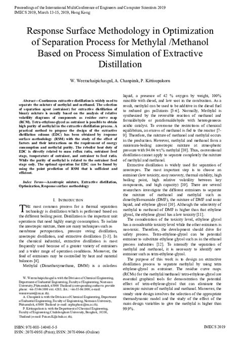 Pdf Response Surface Methodology In Optimization Of Separation Process For Methylal Methanol