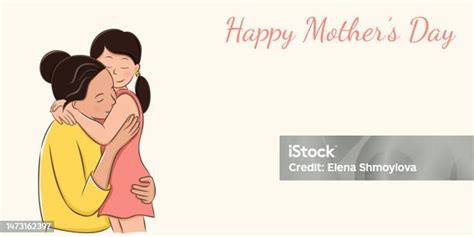 복사 공간이 있는 파스텔 색상의 귀여운 배너 달콤한 어머니는 어린 딸을 안고 있습니다 아시아 엄마는 아이를 껴안고 있다 모성 개념입니다 어머니의 날 벡터 스케치 손으로 그린