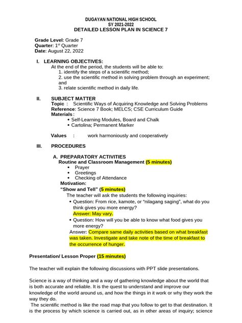 Lesson Plan Example Pdf Scientific Method Hypothesis