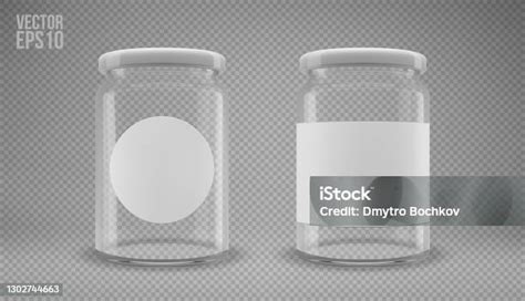 뚜껑이 있는 유리 잼 항아리 세트 흰색 뚜껑과 라벨이 있는 투명한 항아리 사실적인 3d 일러스트레이션 벡터 항아리에 대한 스톡 벡터 아트 및 기타 이미지 Istock