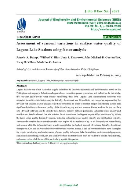 Assessment Of Spatial Variations In Surface Water Quality Of Laguna Lake Stations Using Cluster