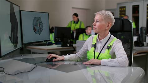 3d 구성 요소가 있는 Cad 소프트웨어의 데스크톱 컴퓨터에서 작업하는 성숙한 여성 엔지니어 3d 안경에 대한 스톡 사진 및