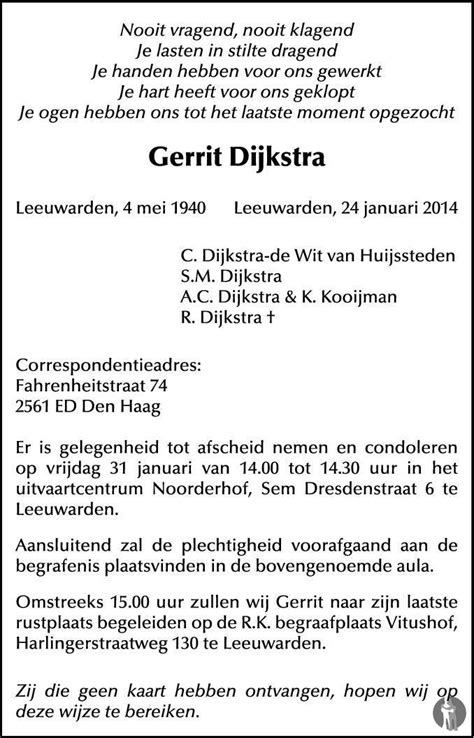 Gerrit Dijkstra 24 01 2014 Overlijdensbericht En Condoleances Mensenlinq Nl