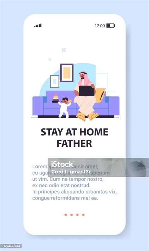 아랍 아버지는 작은 아들과 놀고 노트북 아버지 육아 개념 아빠가 아이와 함께 시간을 보내는 것을 사용했습니다 가공의 인물에 대한 스톡 벡터 아트 및 기타 이미지 Istock