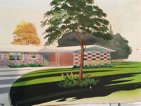 3 Facades Elevations And 1 Floor Plan Original Mid Century Renderings