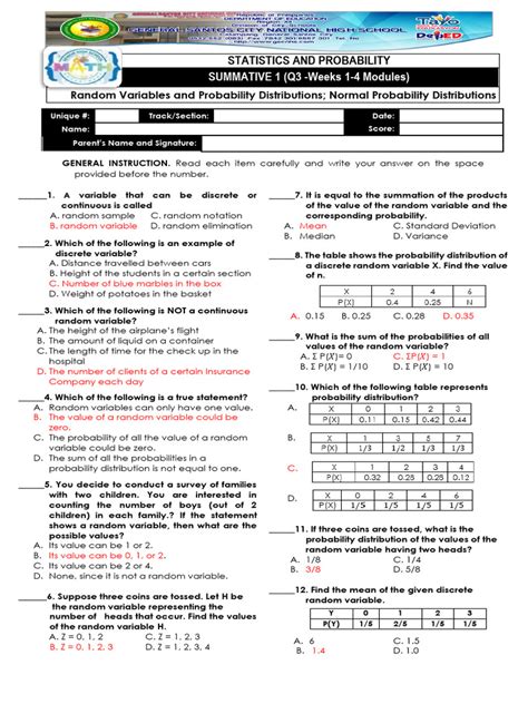 Q3 Sum1 Statprob Answer Key Pdf Normal Distribution Standard Deviation