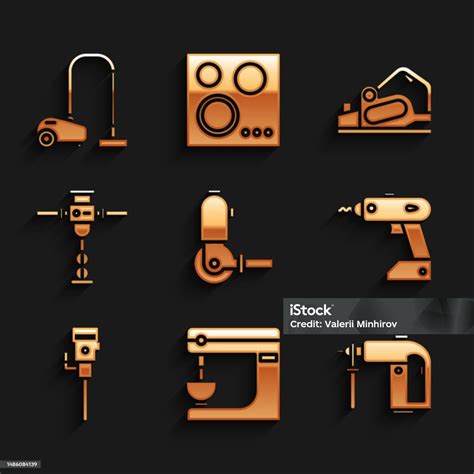 앵글 그라인더 전기 믹서 로터리 해머 드릴 머신 무선 드라이버 건설 착암기 및 아이콘을 설정하십시오 벡터 금 금속에 대한 스톡
