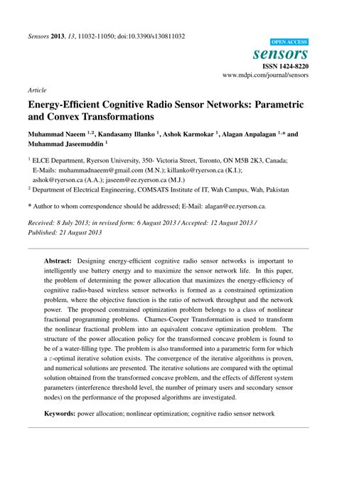 Pdf Energy Efficient Cognitive Radio Sensor Networks Parametric And Convex Transformations