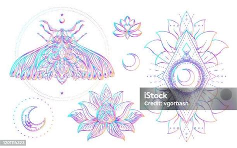 신성한 형상 및 부 기호 세트입니다 조화와 균형의 아유르베다 기호 문신 디자인 요가 로고 포스터 티셔츠 직물 검은 색 위에