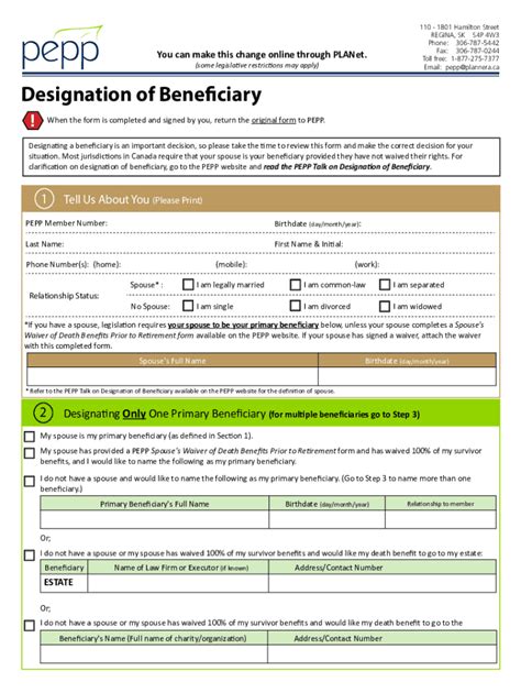 Fillable Online Pepp Designation Of Beneficiary Form Fax Email Print