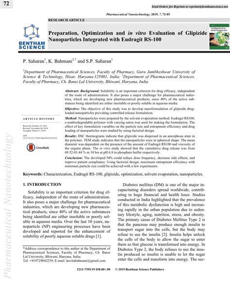 Pdf Preparation Optimization And In Vitro Evaluation Of Glipizide Nanoparticles Integrated