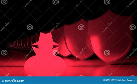 Glowing Red Hacker Symbol Next To A Row Of Metal Shields Stock Illustration Illustration Of