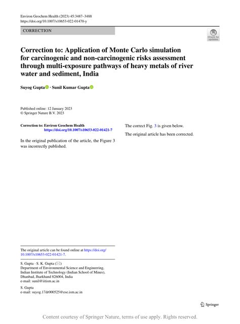 Correction To Application Of Monte Carlo Simulation For Carcinogenic And Non Carcinogenic Risks