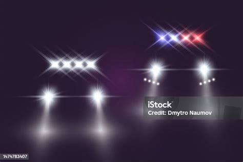 투명 한 배경에 격리 된 자동차 헤드 라이트의 현실적인 흰색 광선 둥근 광선 경찰 차 헤드라이트에서 켜집니다 경찰 순찰 3차원 형태에 대한 스톡 벡터 아트 및 기타 이미지