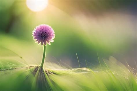Premium Ai Image A Single Flower In The Grass With The Sun Behind It