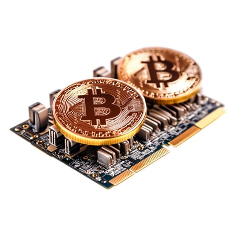 Closeup Of Golden Bitcoin Coins On Computer Circuit Board 56254148 Png