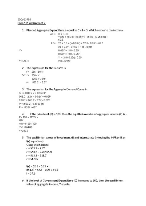 Eco Assignment 2 300653786 Econ 121 Assignment 2 1 Planned Aggregate Expenditure Is Equal To