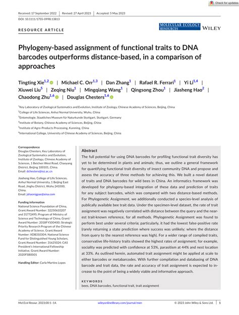 Pdf Phylogeny Based Assignment Of Functional Traits To Dna Barcodes Outperforms Distance Based