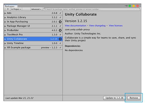 Unity Manual Removing An Installed Package