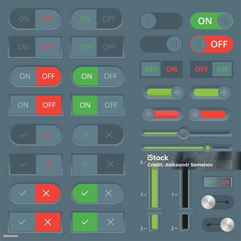 다채로운 토글 스위치 아이콘의 집합입니다 단추를 전환 합니다 켜고 위치 벡터 사용자 인터페이스 스위치를 포함 하 여 설정합니다 그래픽 사용자 인터페이스에 대한 스톡 벡터