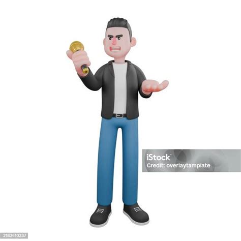 3d의 애니메이션 음악 캐릭터 한 남성 음악가가 마이크를 들고 오른손을 들고 왼손바닥을 앞으로 뻗고 서 있다 만화 보컬리스트 3차원 형태에 대한 스톡 사진 및 기타 이미지