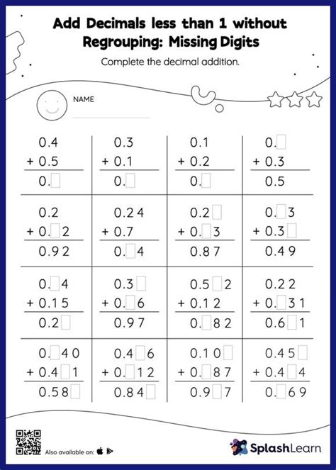 Add Decimals Less Than 1 Without Regrouping Missing Digits Math Worksheets Splashlearn