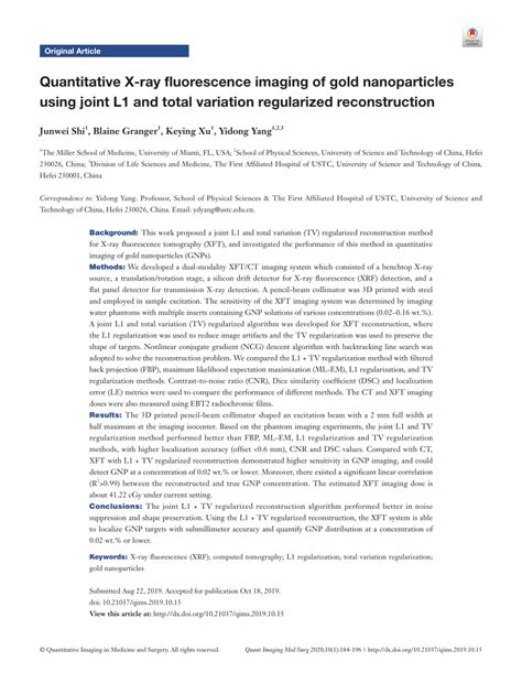 Pdf Quantitative X Ray Fluorescence Imaging Of Gold Nanoparticles Using Joint L1 And Total