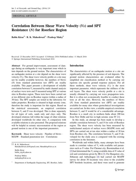 Correlation Between Shear Wave Velocity Vs And Spt N Pdf Earth