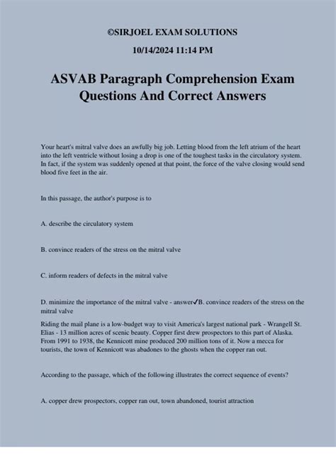 Asvab Paragraph Comprehension Exam Questions And Correct Answers