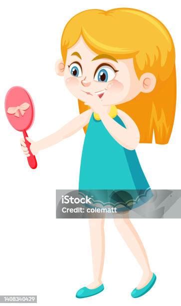 흰색 배경에 손 거울을 들고있는 소녀 거울에 대한 스톡 벡터 아트 및 기타 이미지 거울 귀여운 만화 Istock