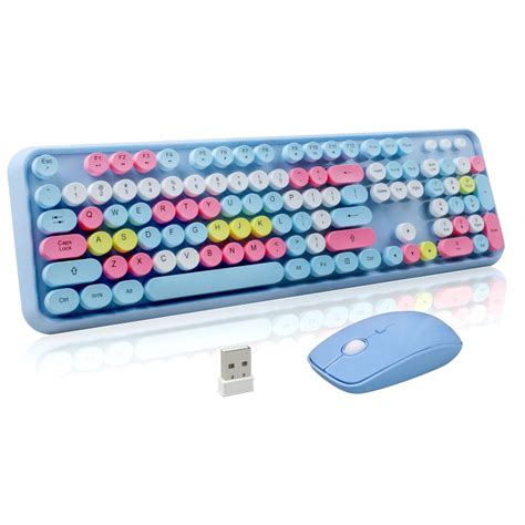 Letton Keyboard And Mouse Wireless Blue Retro Colorful Wireless Keyboard With Round Keycaps