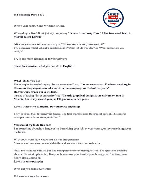 B1 Speaking Part 1 And 2 Pdf Question Verb