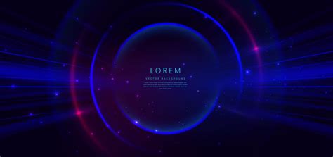 추상 기술 미래 지향적인 원은 진한 파란색 배경에 속도 모션 블러 효과가 있는 네온 빛나는 파란색과 분홍색 조명 라인입니다 Led 조명에 대한 스톡 벡터 아트 및 기타