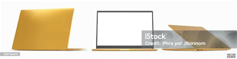 황금 노트북의 3d 이미지 흰색 배경에 고립 된 다른 각도에서 앞면과 뒷면보기 빈 화면 디스플레이가 있는 사실적인 노트북 골드 컬러 모형 3d 벡터 일러스트 레이 션 3차원