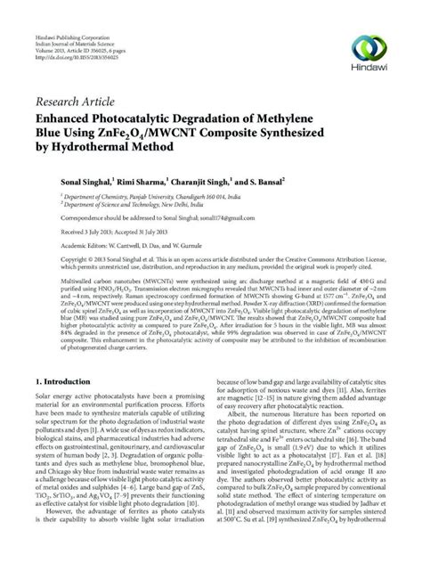 Pdf Research Article Enhanced Photocatalytic Degradation Of